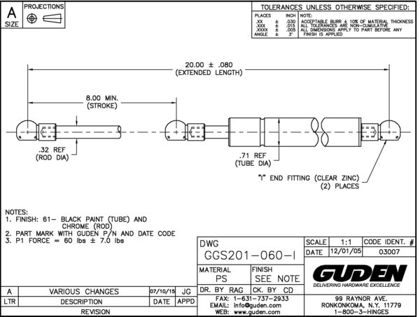 GGS201-060-I,GGN201-060-I,Standard Gas Spring,H. A. Guden Co., Inc.